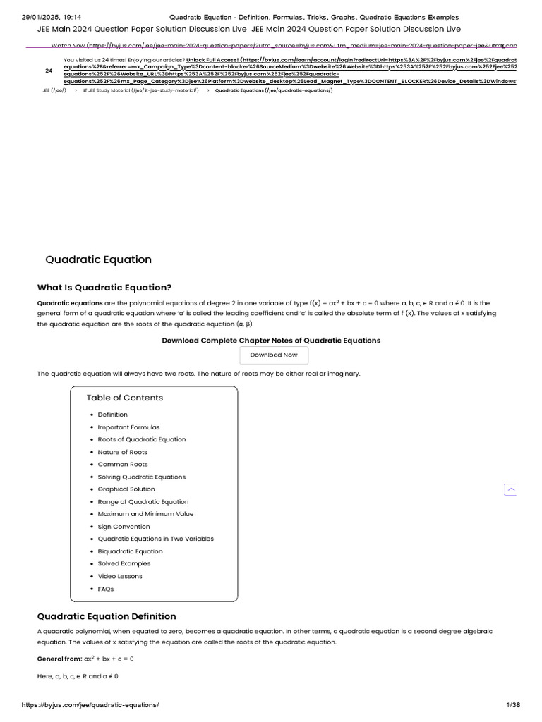 Quadratic Equation - Definition, Formulas, Tricks, Graphs, Quadratic ...