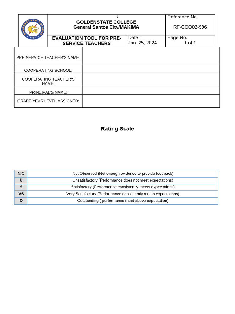Pre Service Evaluation Tool 4.2 | PDF | Educational Assessment | Teachers