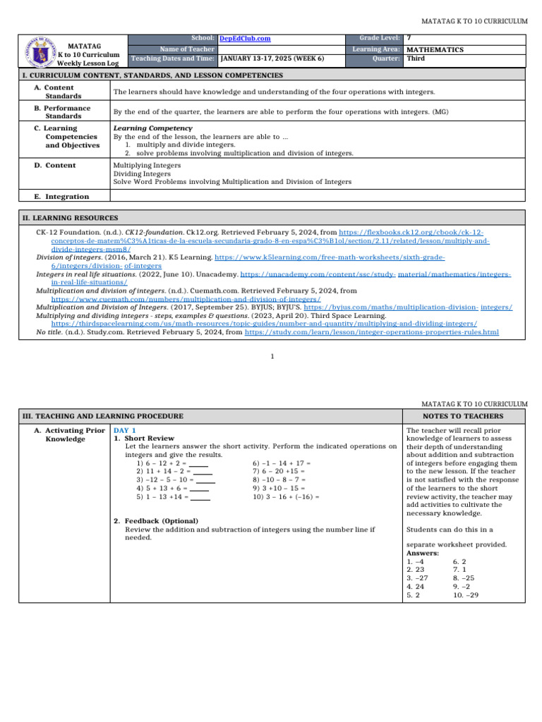 DLL Matatag - Mathematics 7 q3 w6 | PDF | Multiplication | Division (Mathematics)