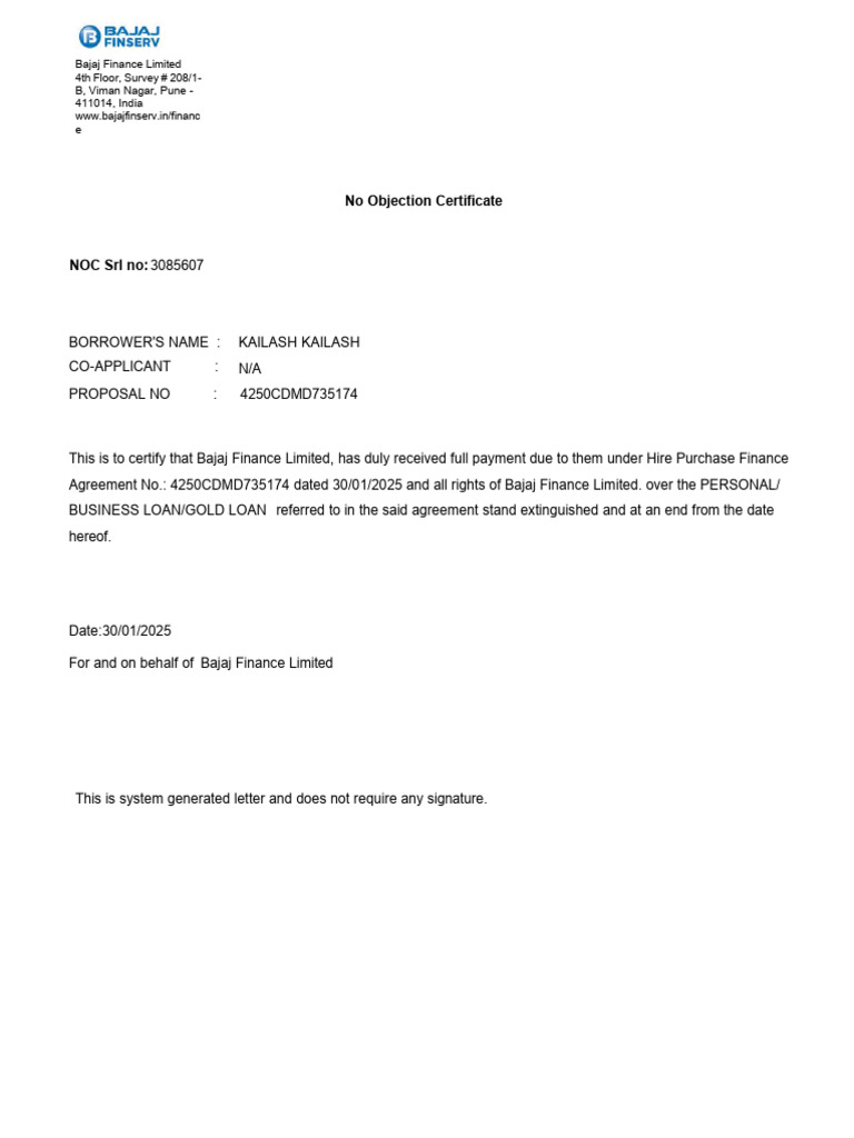 Bajaj Loan No Objection Certificate | PDF