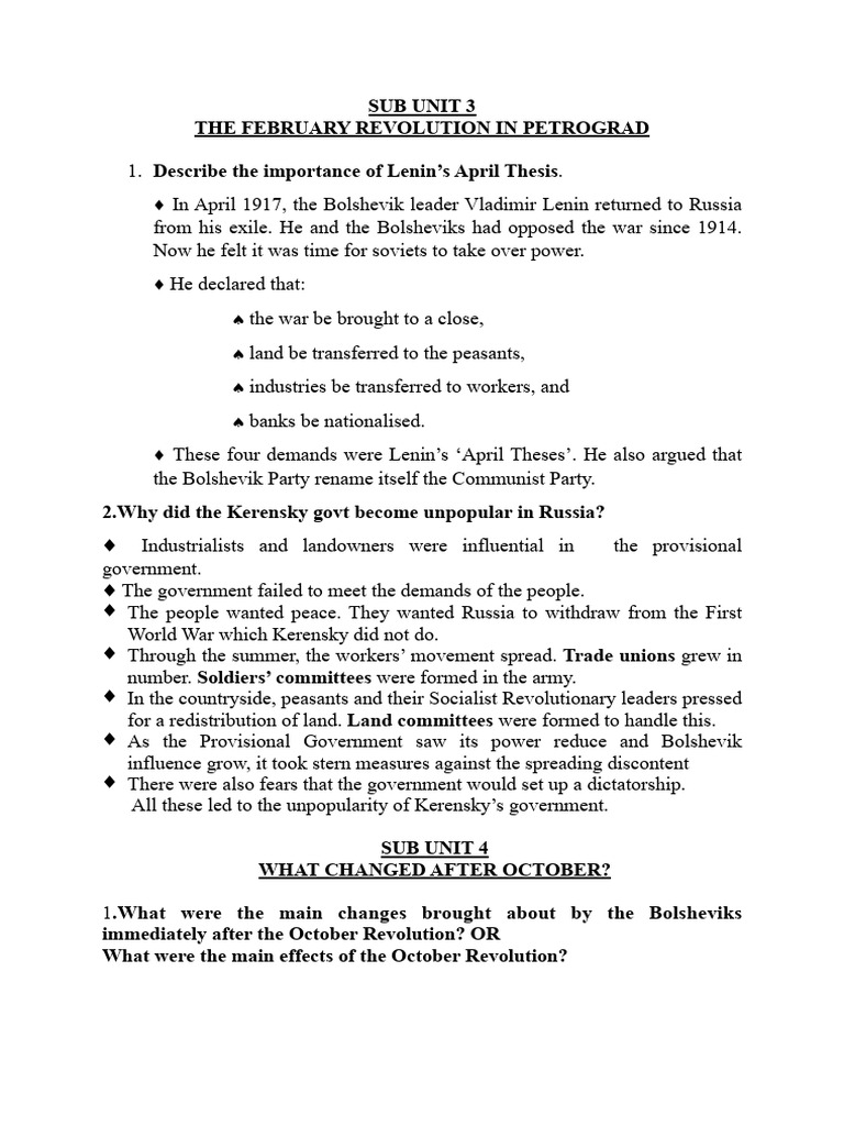 Rusian Revolution R SUB UNIT 3 Notes | PDF | Bolsheviks | Vladimir Lenin