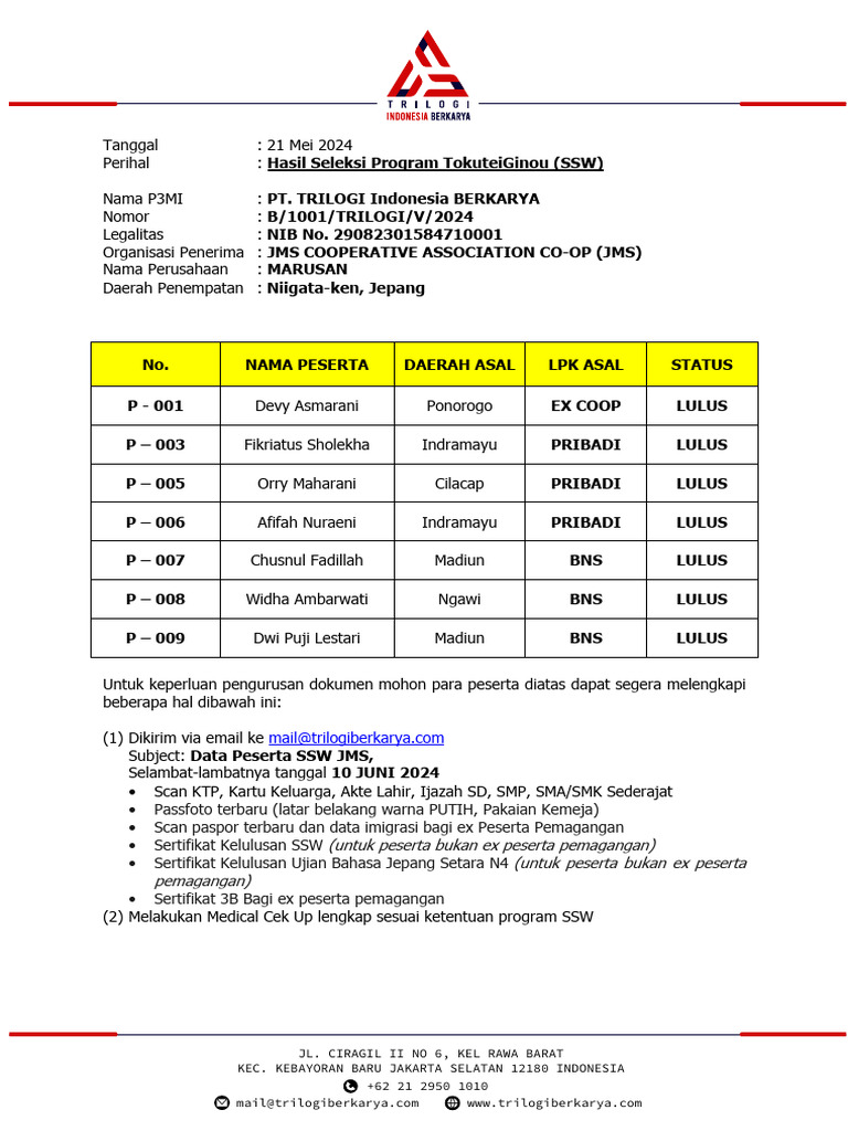 (Trilogi) Hasil Seleksi Jms - Ssw Mei 2024 | PDF