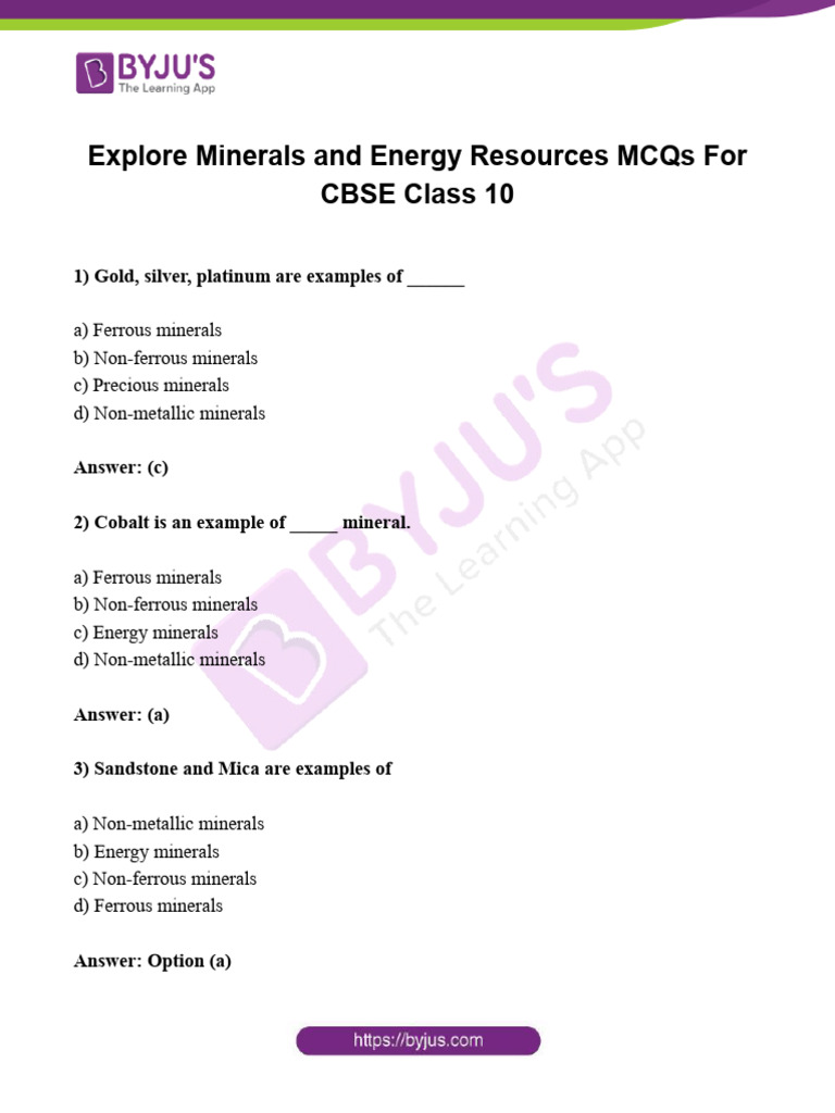Minerals and Energy Resources MCQ | PDF | Mining | Minerals
