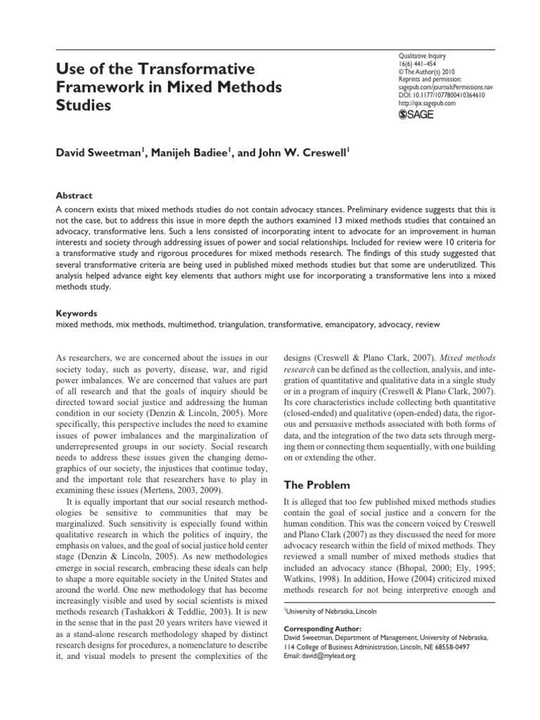 Sweetman Et Al 2010 Use of The Transformative Framework in Mixed ...
