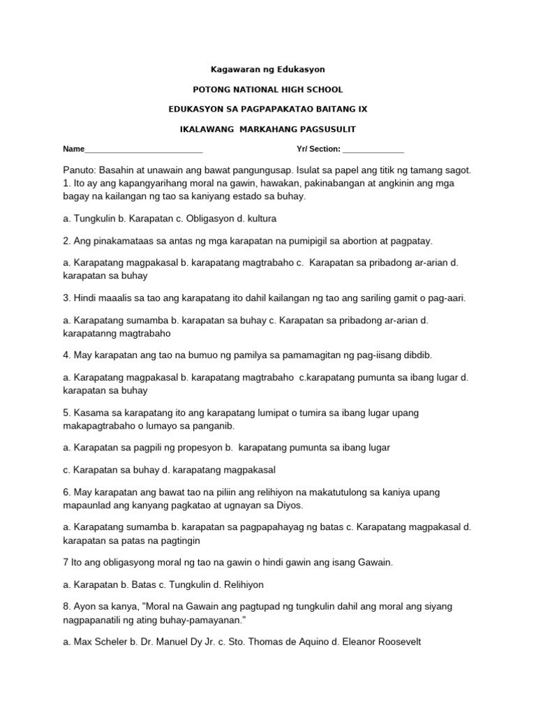 ESP 2ND Quarter Exam - 080654 | PDF