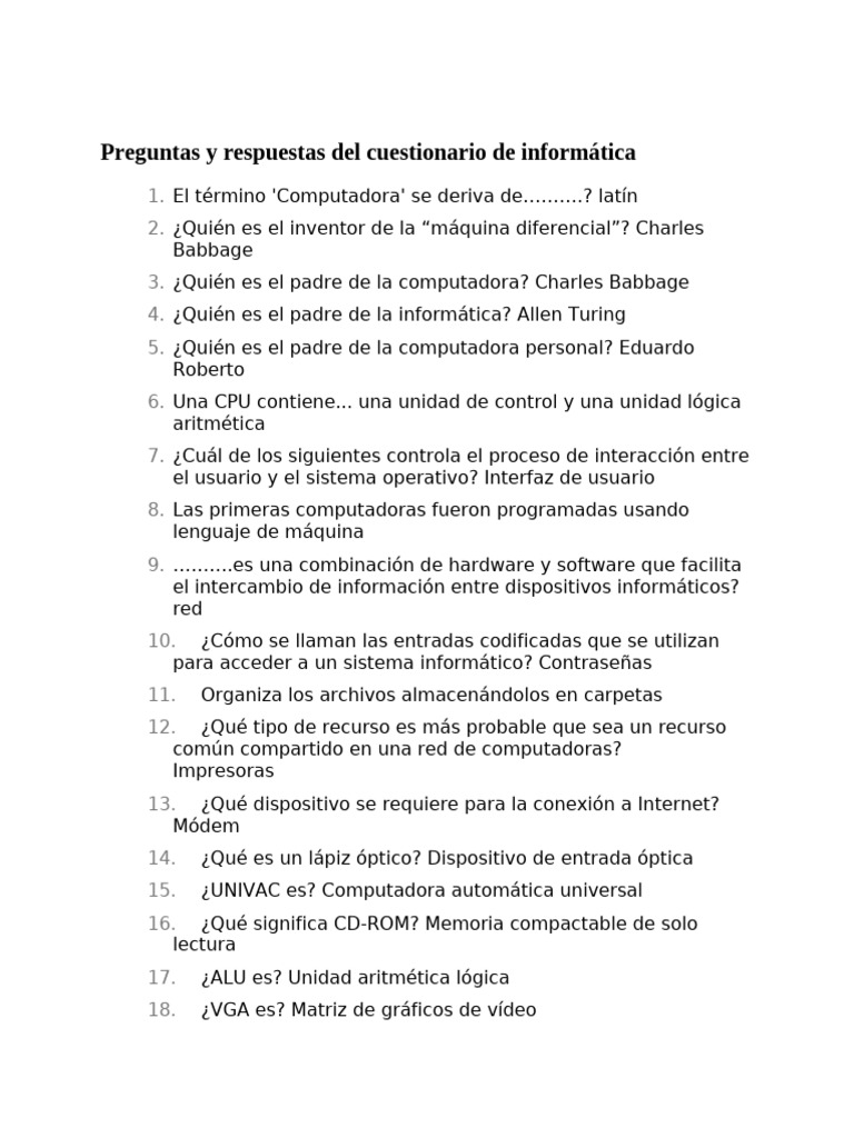 Preguntas y Respuestas Del Cuestionario de Informática | PDF | Hardware de la computadora ...