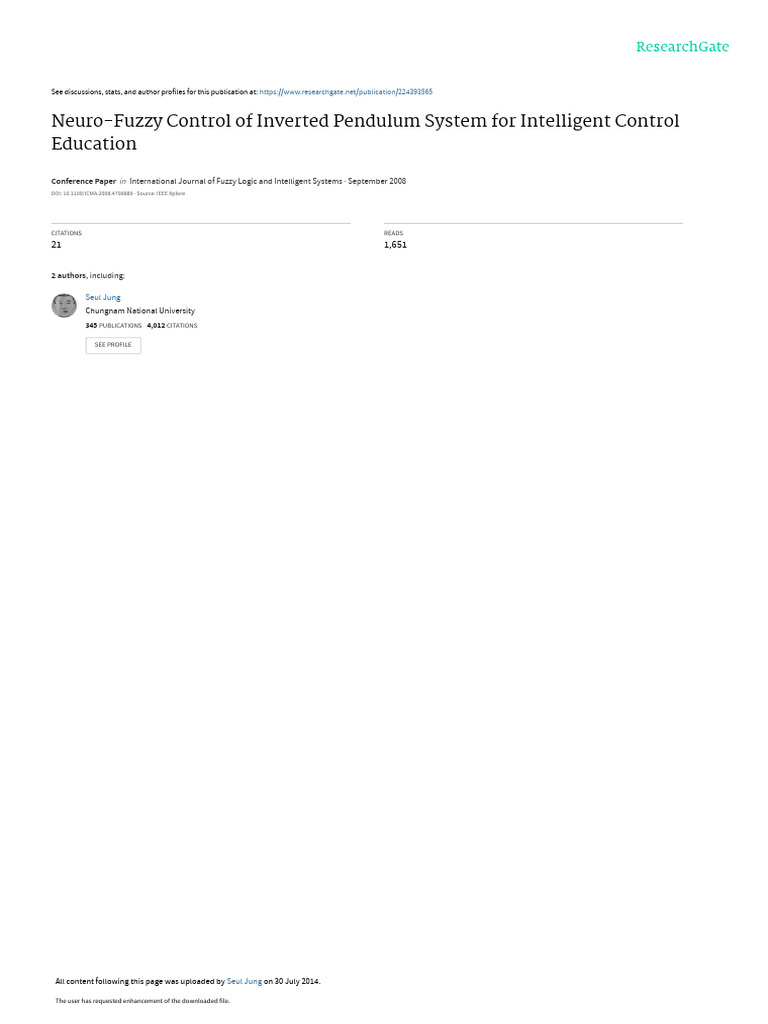Neuro-Fuzzy Control of Inverted Pendulum System Fo | PDF | Fuzzy Logic | Control Theory
