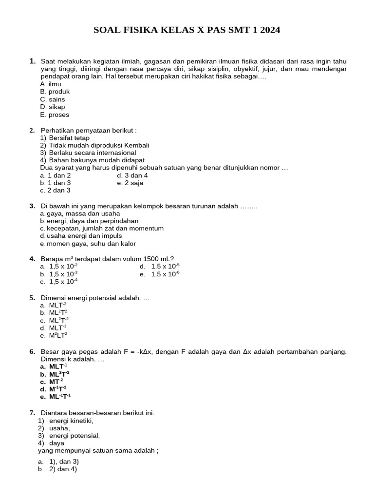 SOAL FISIKA KELAS X PAS SMT 1 2024 | PDF