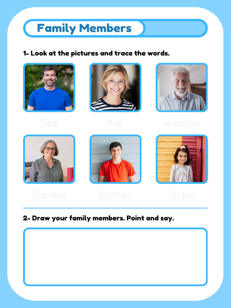 Family Members Worksheet in Blue White Cute Style PDF | PDF