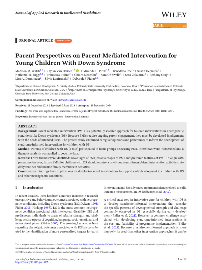 Research Intellect Disabil - 2024 - Walsh - Parent Perspectives on Parent‐Mediated Intervention ...