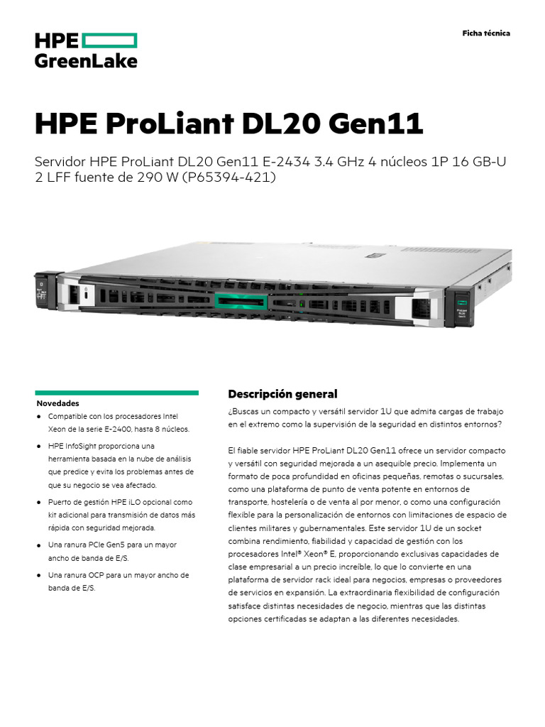 Ficha Técnica de Servidor HPE ProLiant DL20 Gen11 E-2434 3.4 GHZ 4 ...