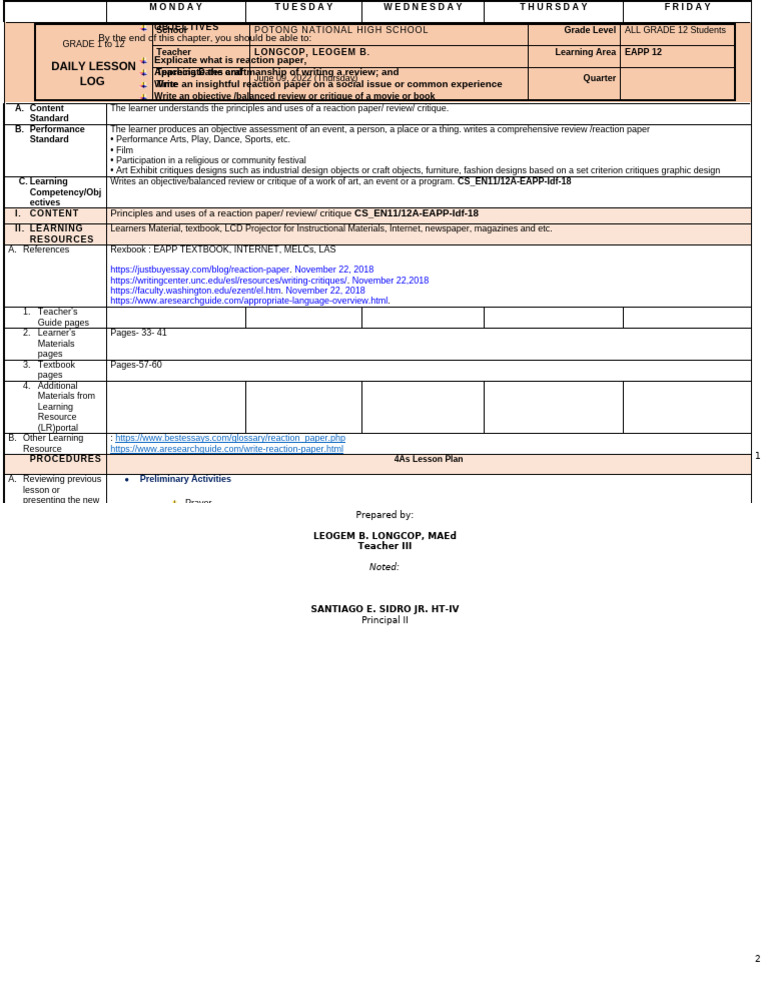 Lesoon Plan Cot2 Eapp - 081720 | PDF | Lesson Plan | Learning