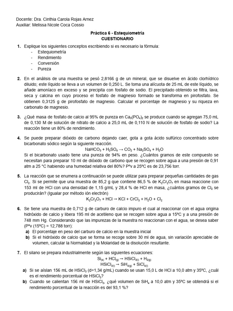 Cuestionario Nº6 - 103025 | PDF | Bicarbonato de sodio | Átomos