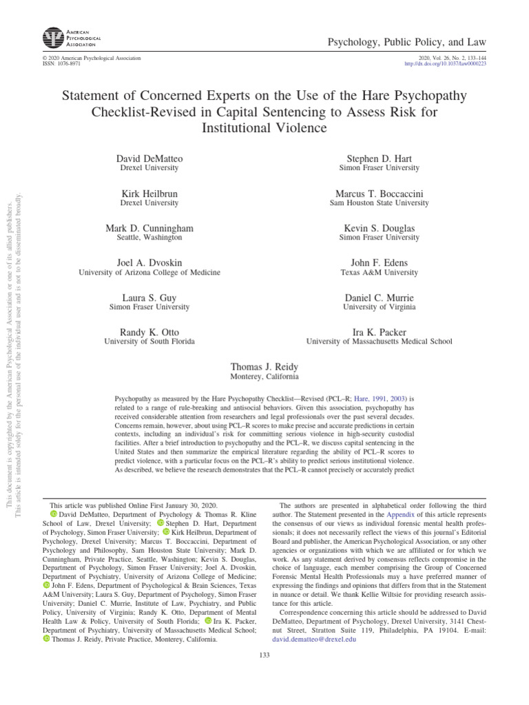 PCL-R-Statement-DeMatteo-et-al.-2020 | PDF | Psychopathy