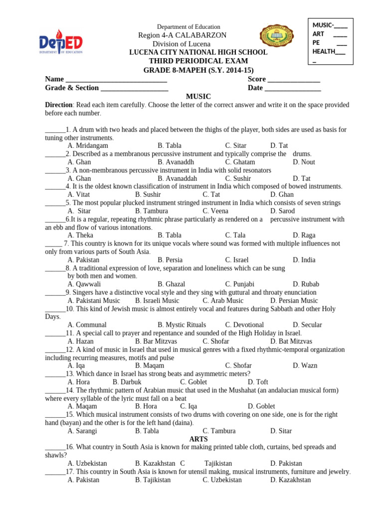 Mapeh 8 3RD Quarter Exam | PDF | Pathogen | Parasitism