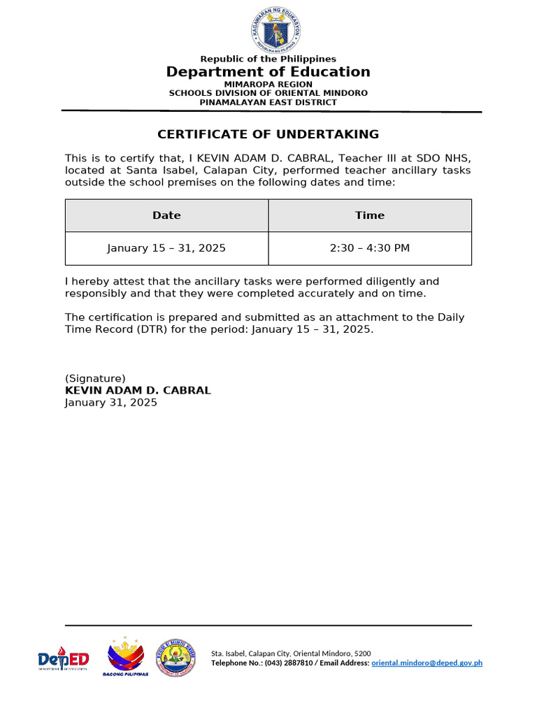 UNDERTAKING Attachment For DTR | PDF