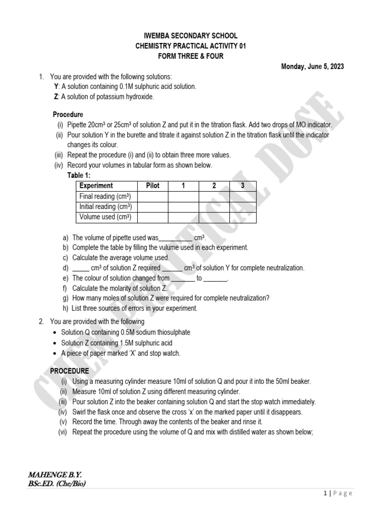 Prac Activity 01 - Vol & Rate Conc | PDF | Titration | Chemistry