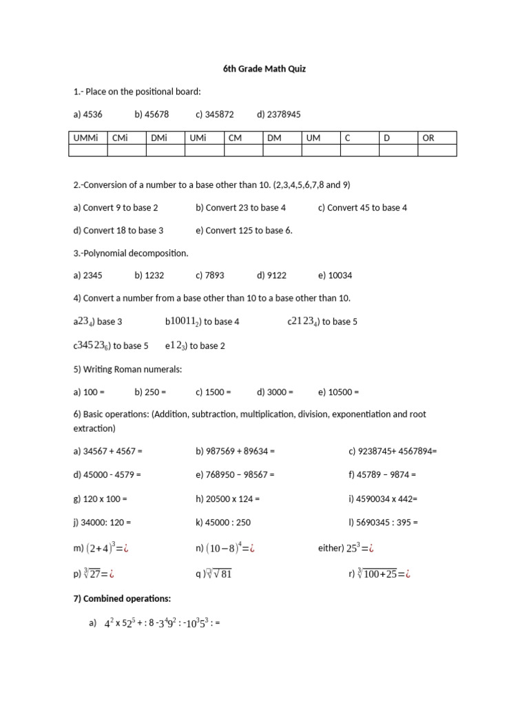 6th Grade Math Questionnaire | PDF | Numbers | Elementary Mathematics