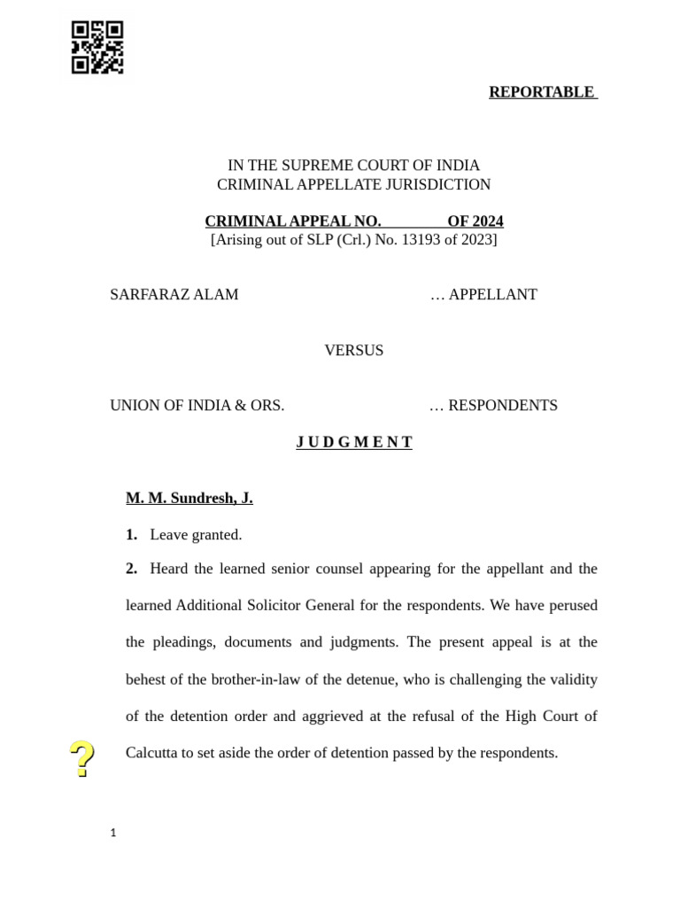 Sarfaraz Alam Vs UOI 2024 SC | PDF | Detention (Imprisonment) | Reason