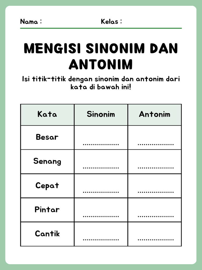 Hijau Putih Lembar Kerja Mengisi Sinonim Dan Antonim | PDF