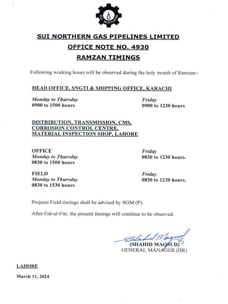 Office Note No. 4930 Ramzan Timings 2024 | PDF