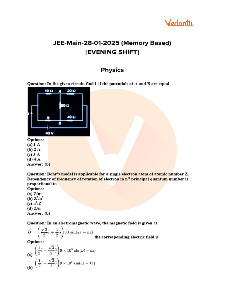 JEE Mains 2025 28 Jan Shift 2 Question Paper With Solutions – Download PDF | PDF | Light | Electron
