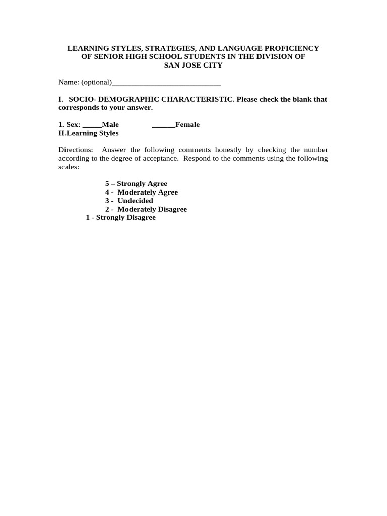 sample-questionnaire | PDF | Learning Styles | Teachers