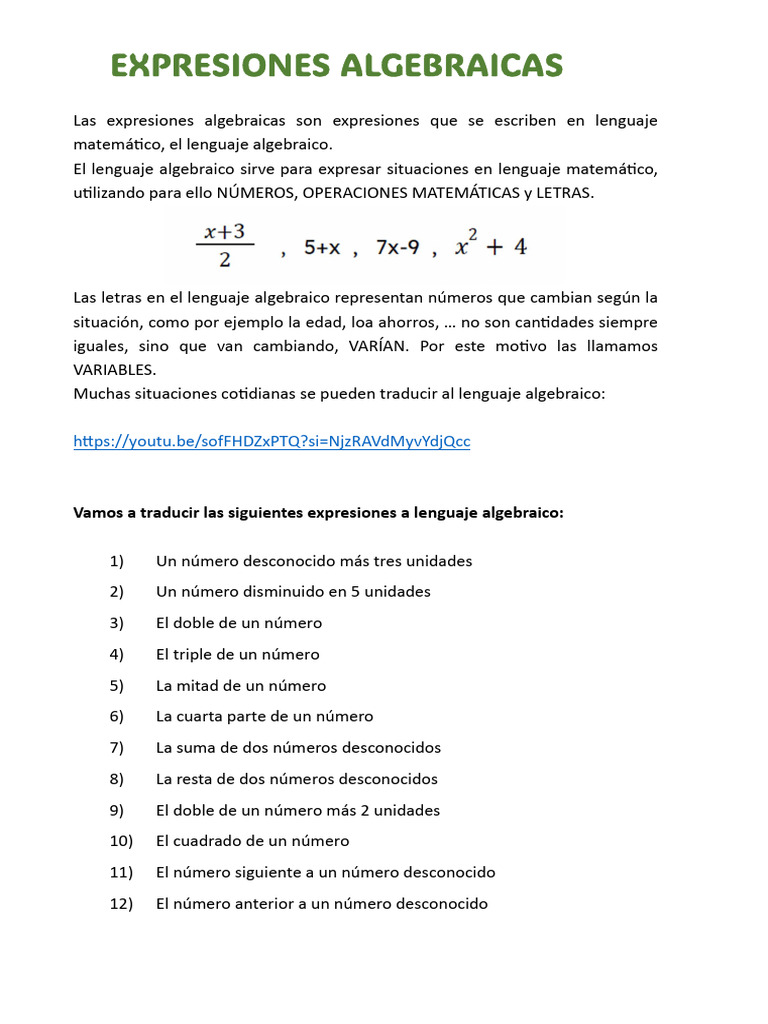 01 EXPRESIONES ALGEBRAICAS Ejercicio traducir | PDF
