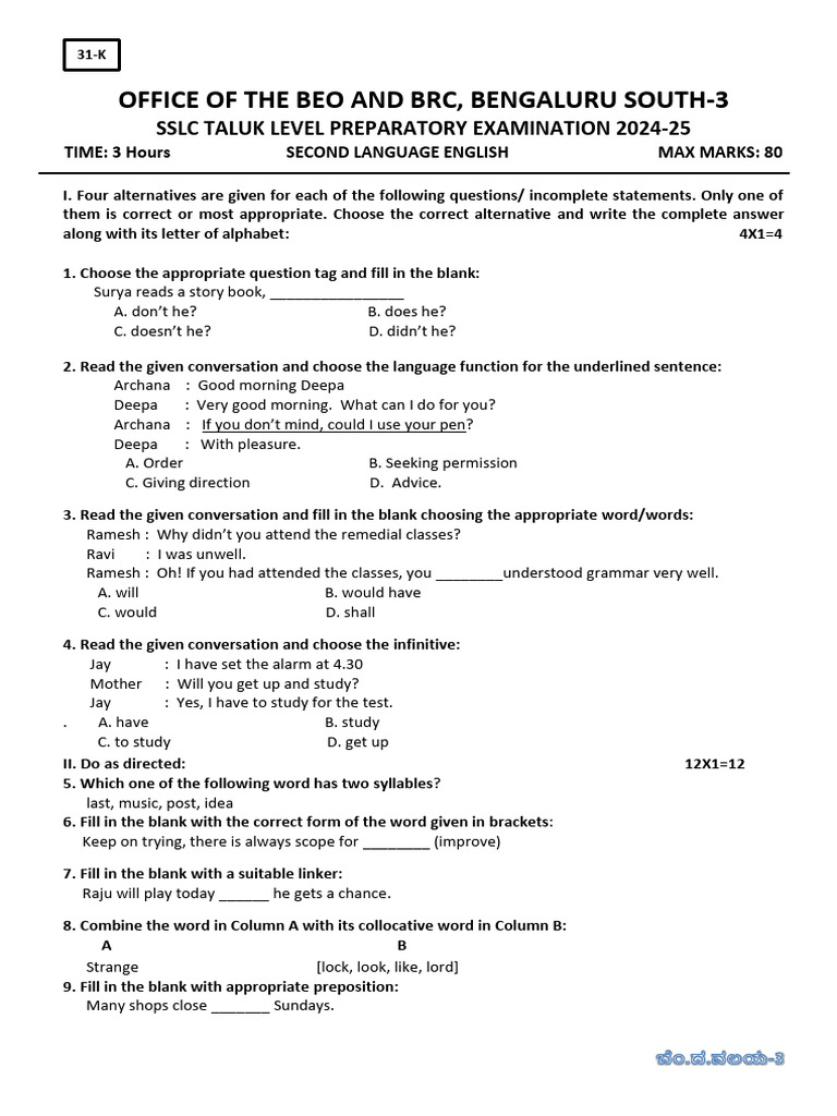 S3 Taluk Level Prep Eng 2ND Lang | PDF | Grammar | Linguistics