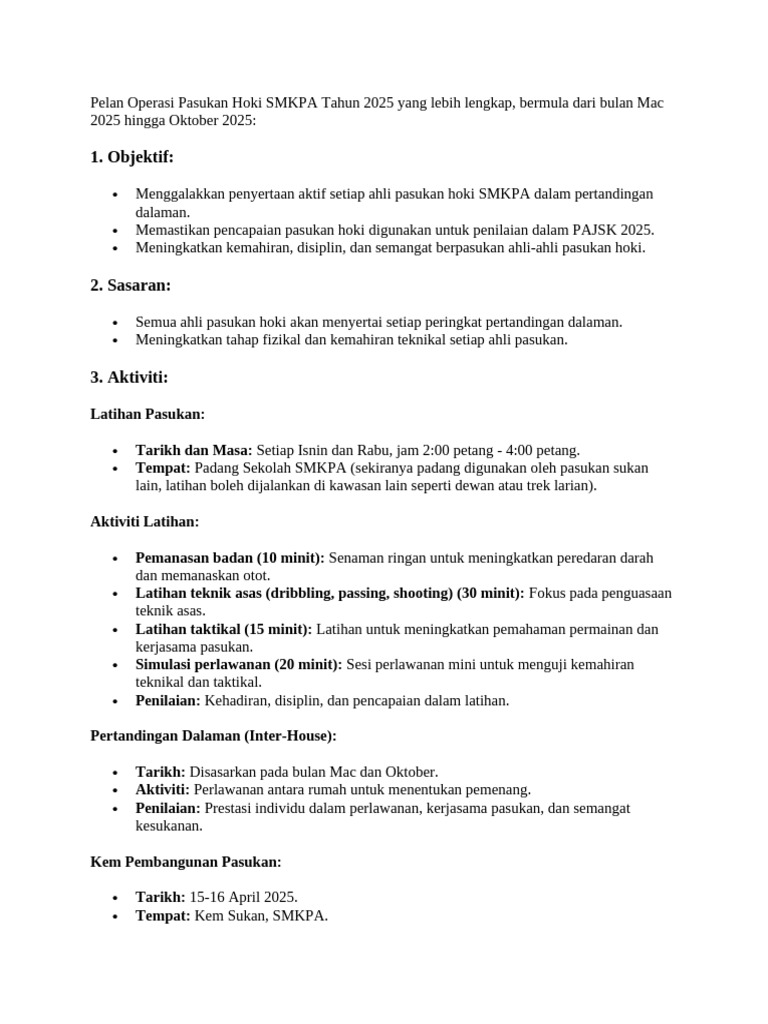 Pelan Operasi Pasukan Hoki SMKPA Tahun 2025 | PDF