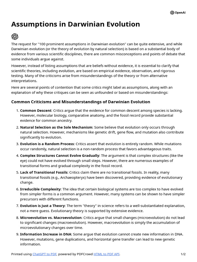 Assumptions in Darwinian Evolution | PDF | Evolution | Natural Selection