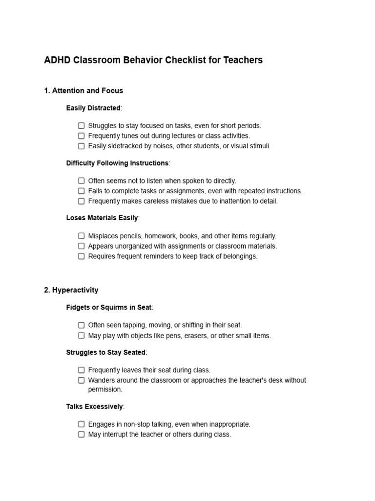 ADHD Classroom Behavior Checklist For Teachers | PDF | Attention ...