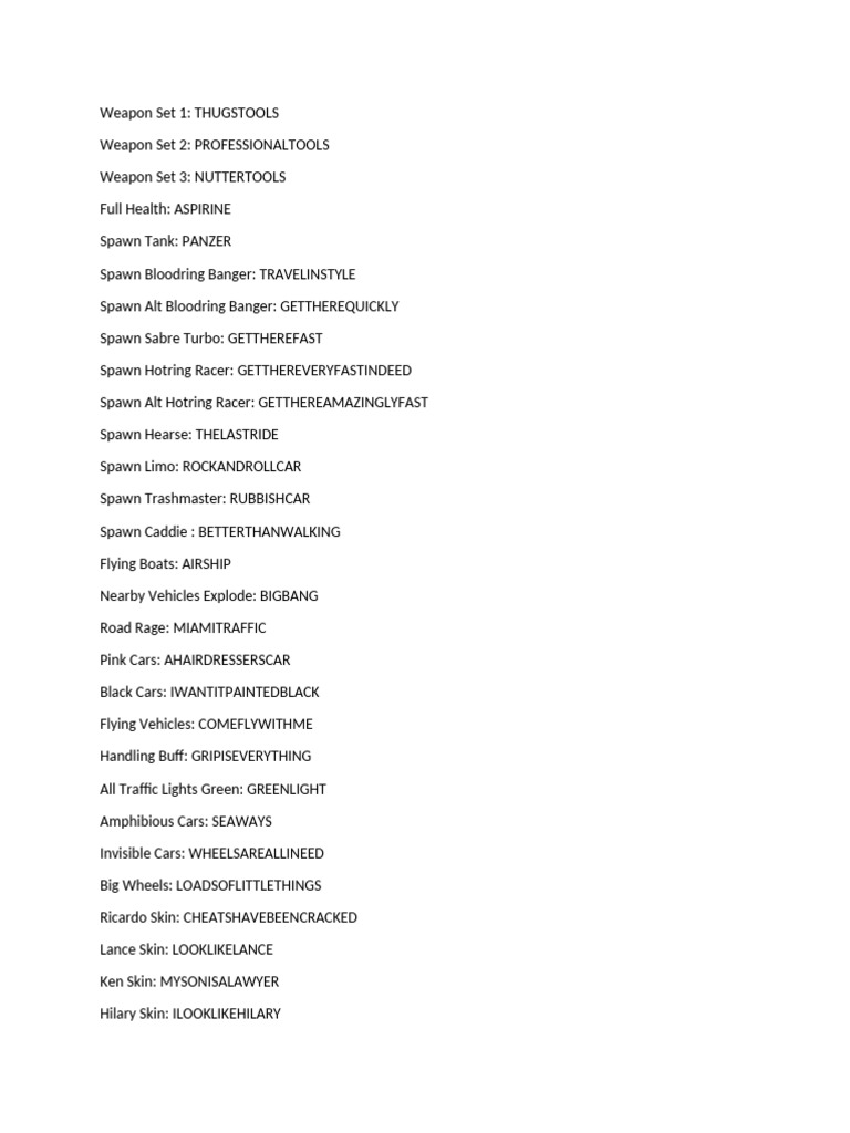 GTA Vice City Cheat Codes Guide | PDF