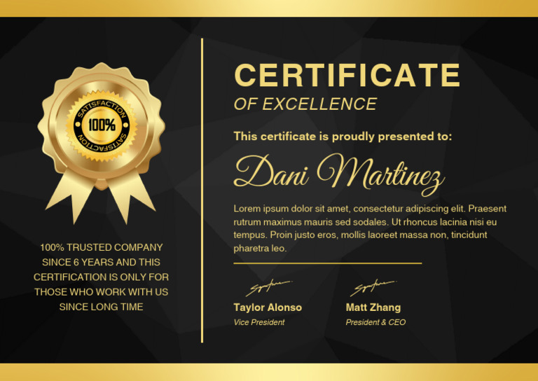 Black and Gold Elegant Certificate of Excellence | PDF