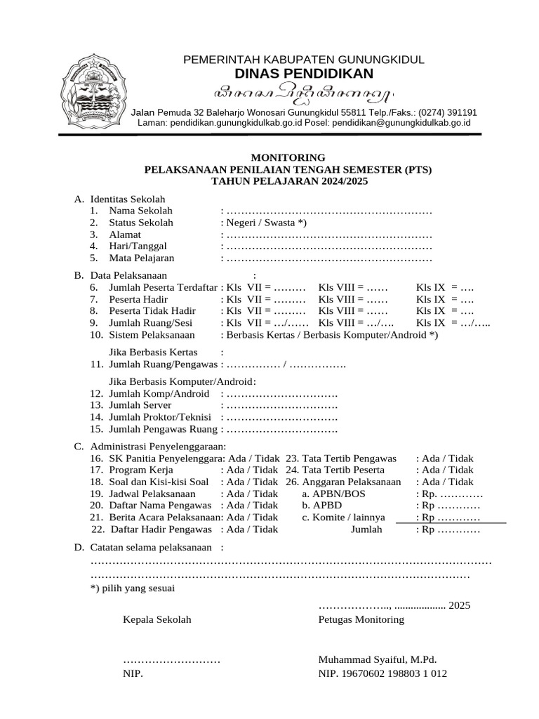 Monitoring PTS 2024/2025 Gunungkidul | PDF