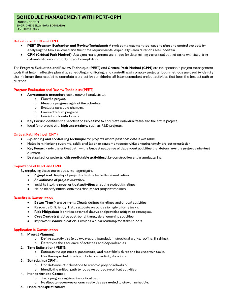PERT-CPM Schedule Management Guide | PDF | Project Management