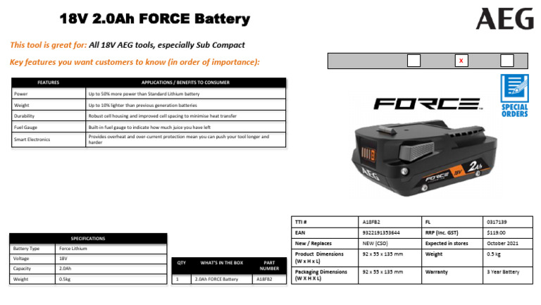A18FB2 AEG 2.0Ah FORCE Battery F&B Sheet | PDF | Electric Power ...