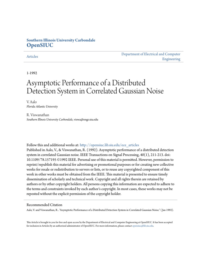 Aalo Asymptotic Performance of A Distributed Detection System in Corre | PDF | Normal ...