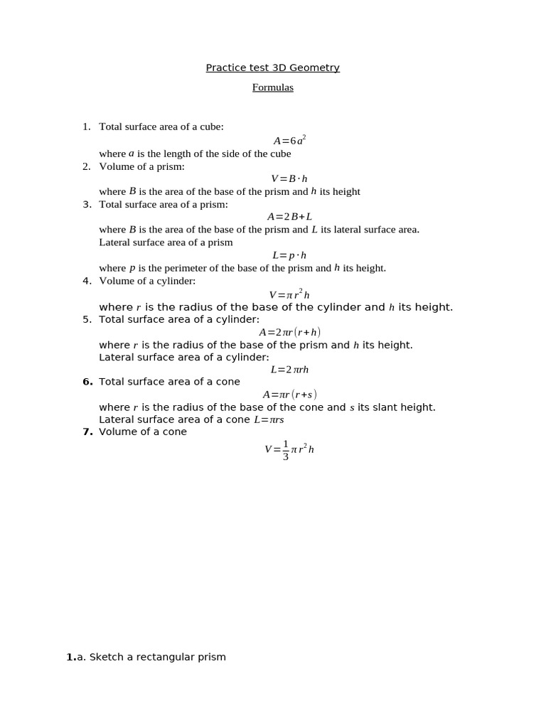 Practice Test 3D Geometry | PDF | Area | Volume