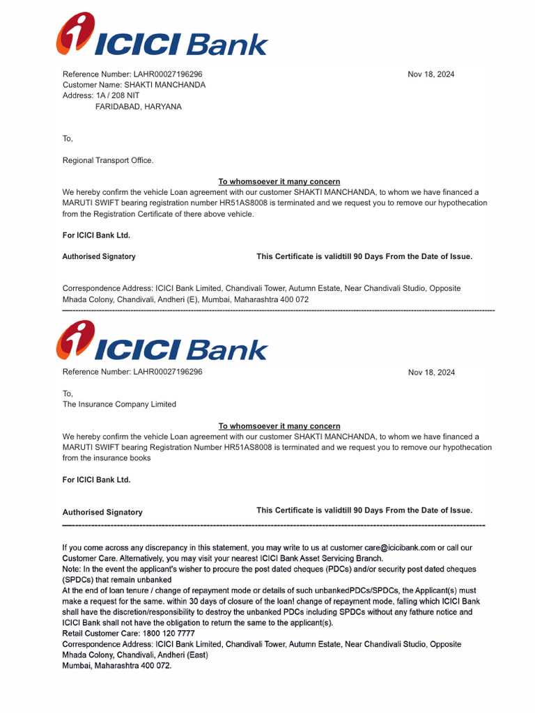 ICICI Noc | PDF