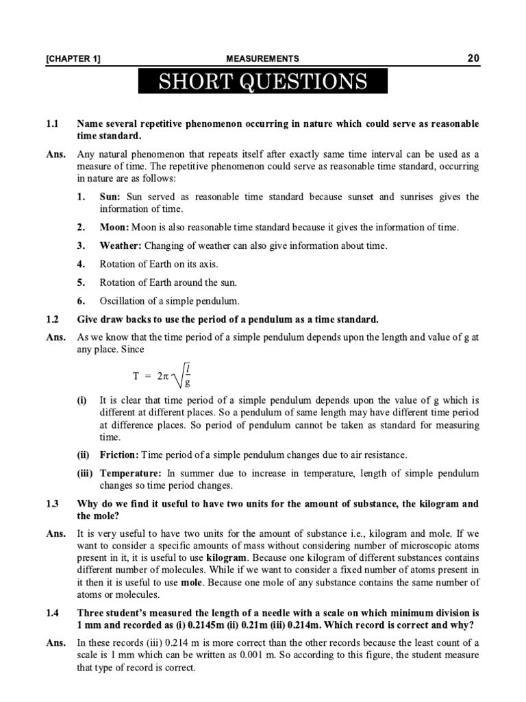 11th Physics SQs Numerical Chapter 1 | PDF