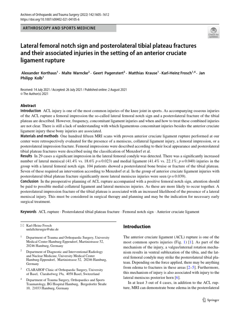 Lateral femoral notch sign and posterolateral tibial plateau fractures ...