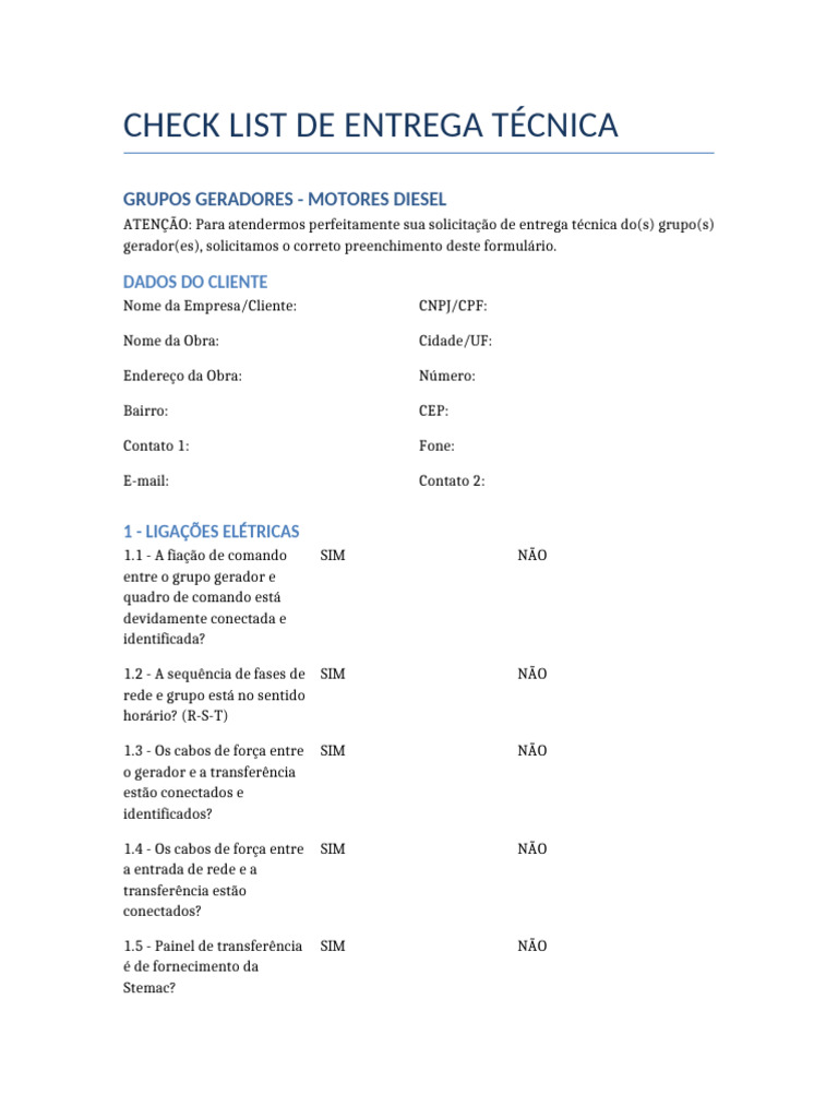 Check List de Entrega Técnica - Geradores | PDF