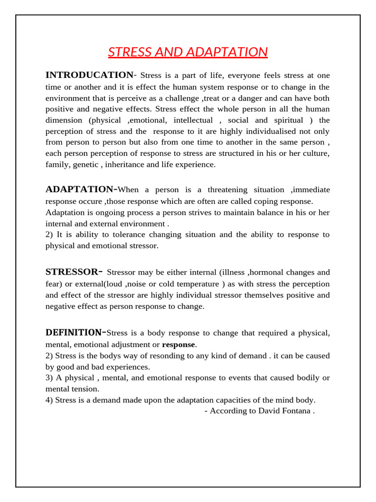 STRESS AND ADAPTATION | PDF | Stress (Biology) | Emotions