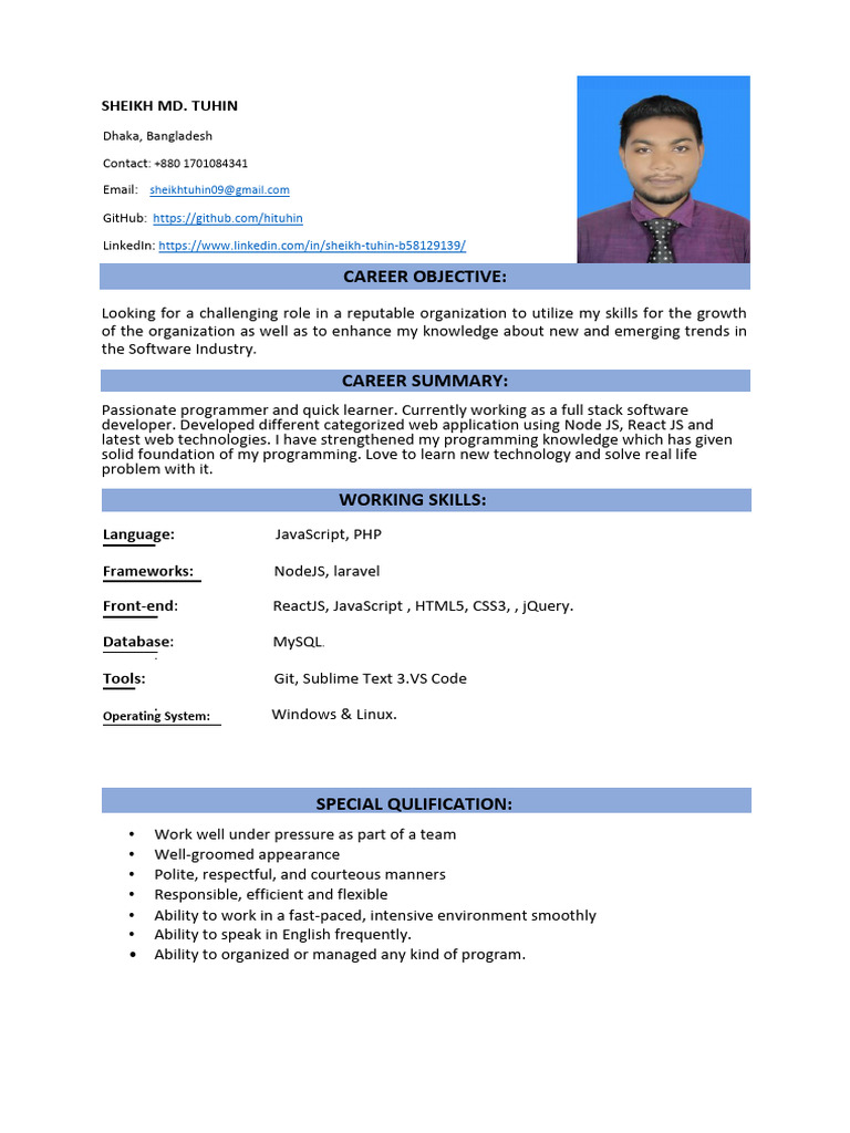 Resume of Sheikh Md. Tuhin | PDF | Computing | Software Engineering