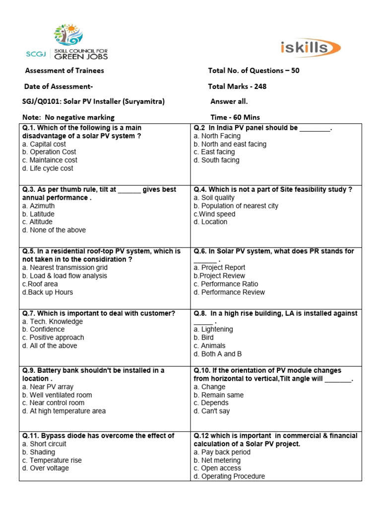 Solar PV Installer Theory Question Paper-Assessment of Trainees | PDF ...