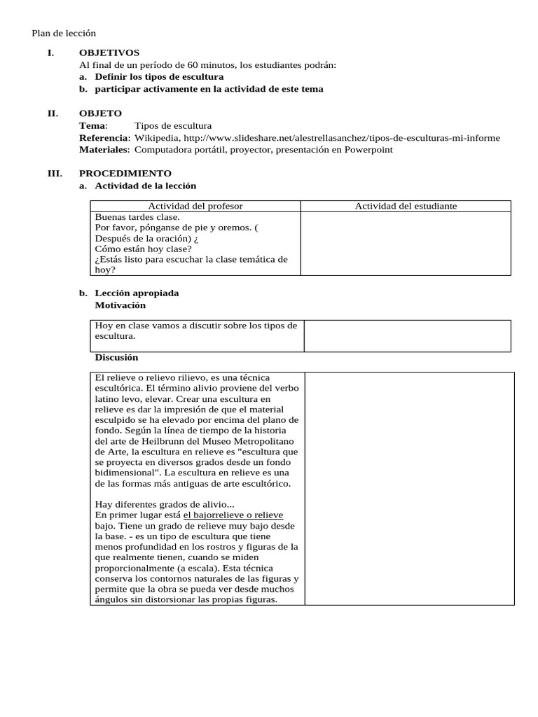 Plan de Lección en Escultura 3 | PDF | Escultura | Alivio