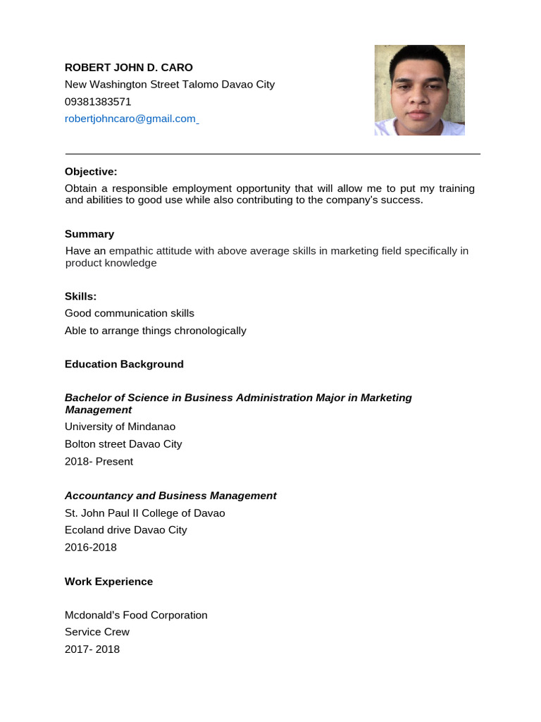 Marketing Graduate Resume Davao City | PDF