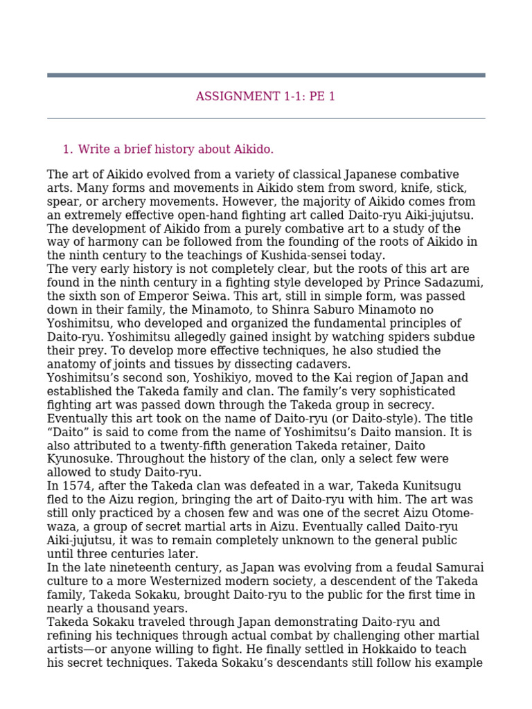 Assignment 1-1 PE 1 | PDF | Aikido | Japanese Martial Arts