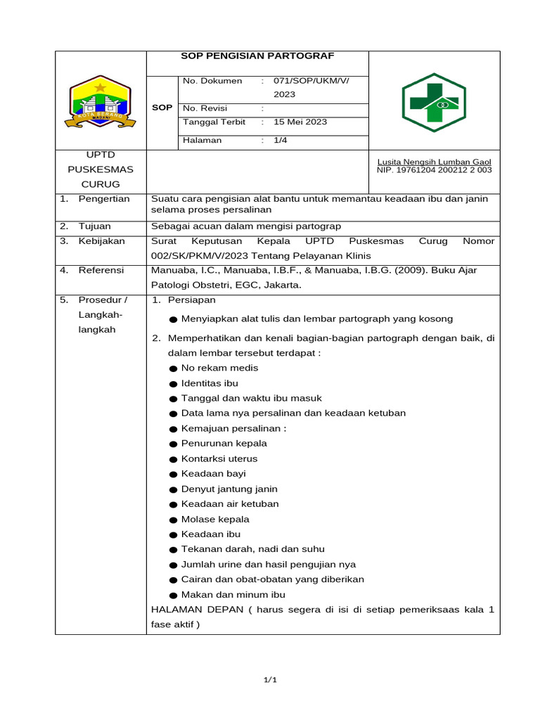Sop Pengisian Partograf | PDF